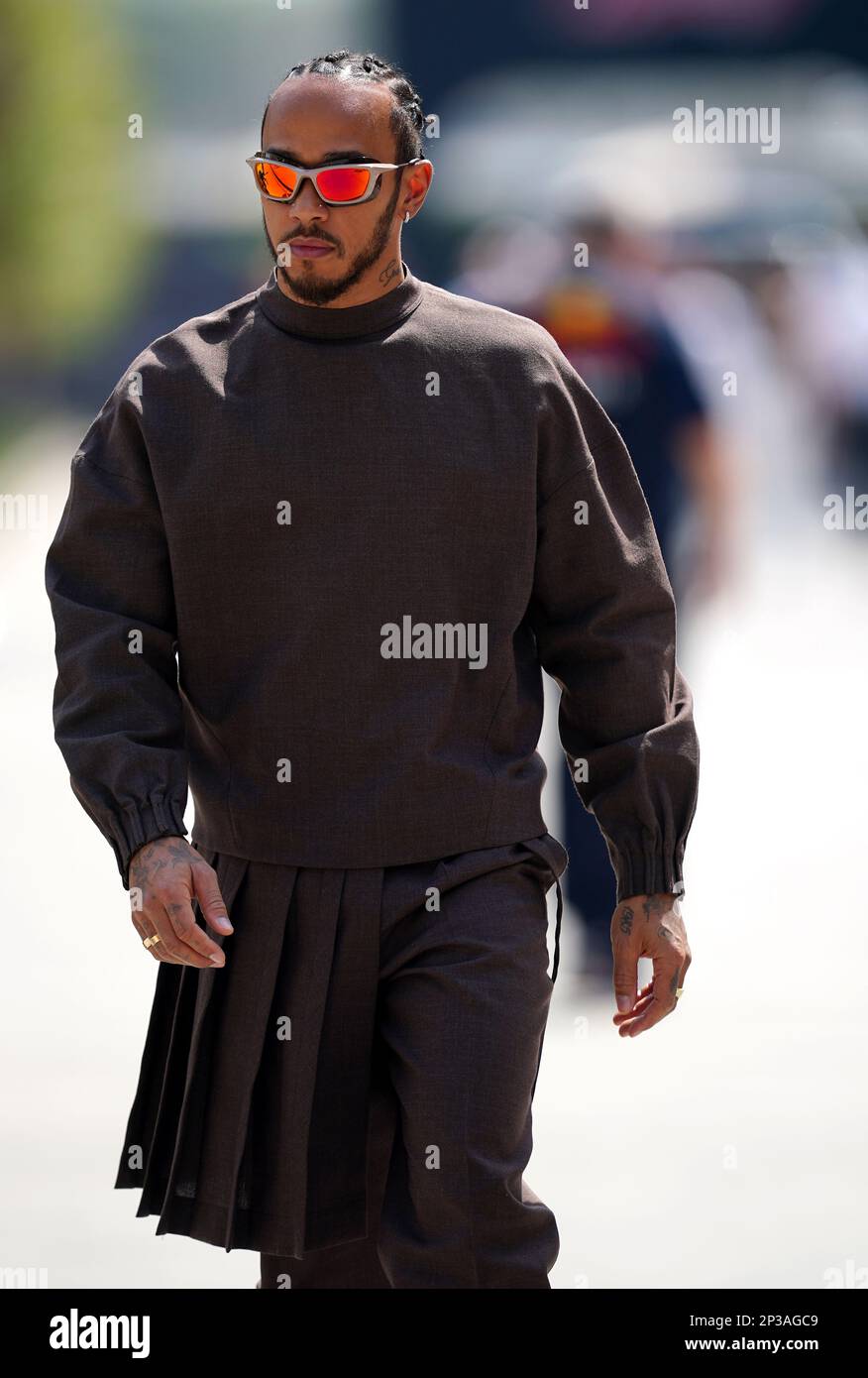 Mercedes' Lewis Hamilton arrives at the track ahead of the Bahrain ...