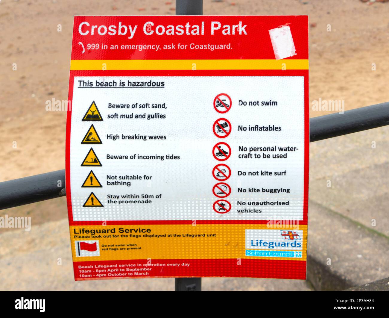 crosby coastal park warning sign hazardous beach with soft sand tides ...