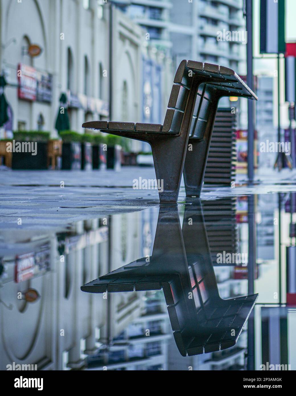 A vertical shot of a metal bench in shallow puddle of water after rain ...