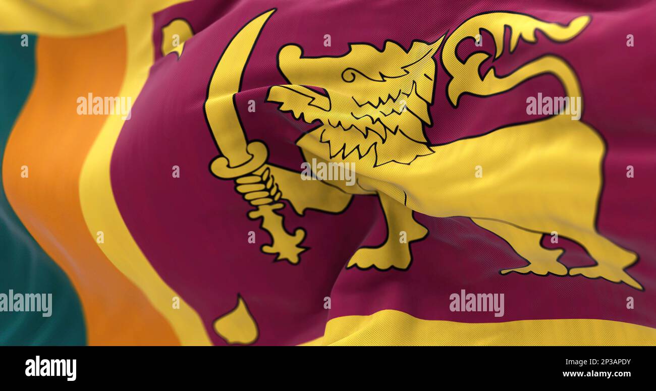 Detail of the Sri Lanka national flag waving. Green and orange stripes ...
