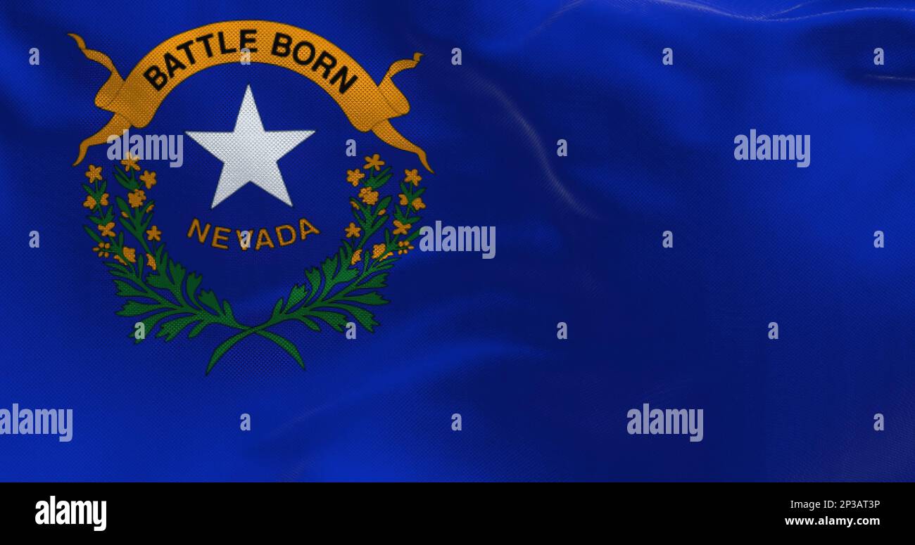 Nevada state flag waving. Blue background, white star, "Battle Born ...