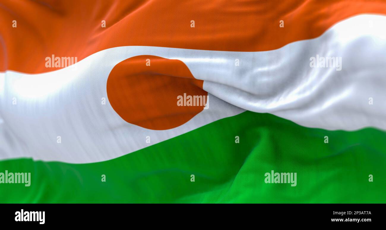 Detail of the Niger national flag waving. Orange, white, and green ...
