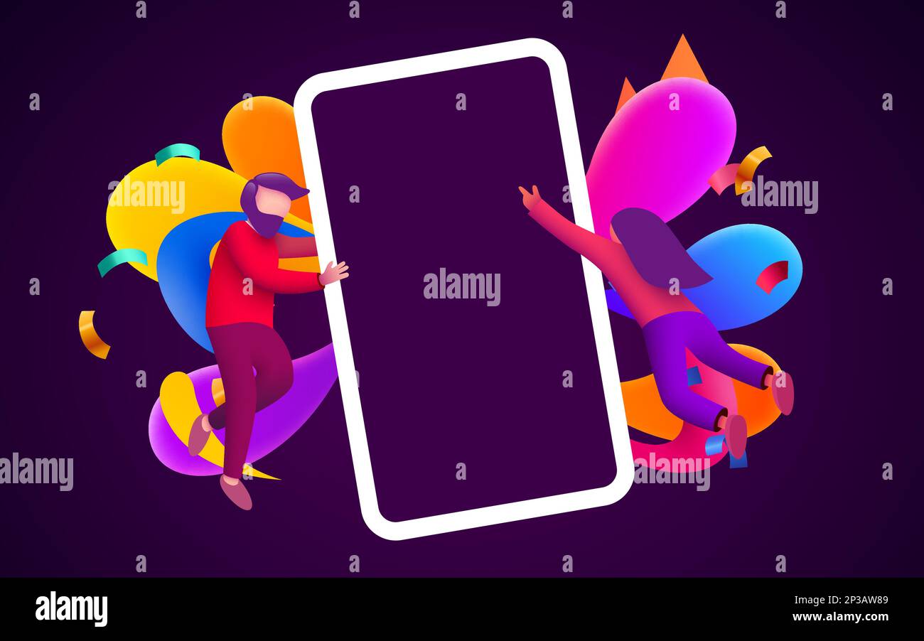 Phone mockup and small people flying around. Color explosion. Touching ...