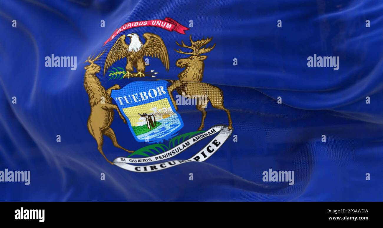 Detail of Michigan state flag waving. Dark blue flag with state coat of ...