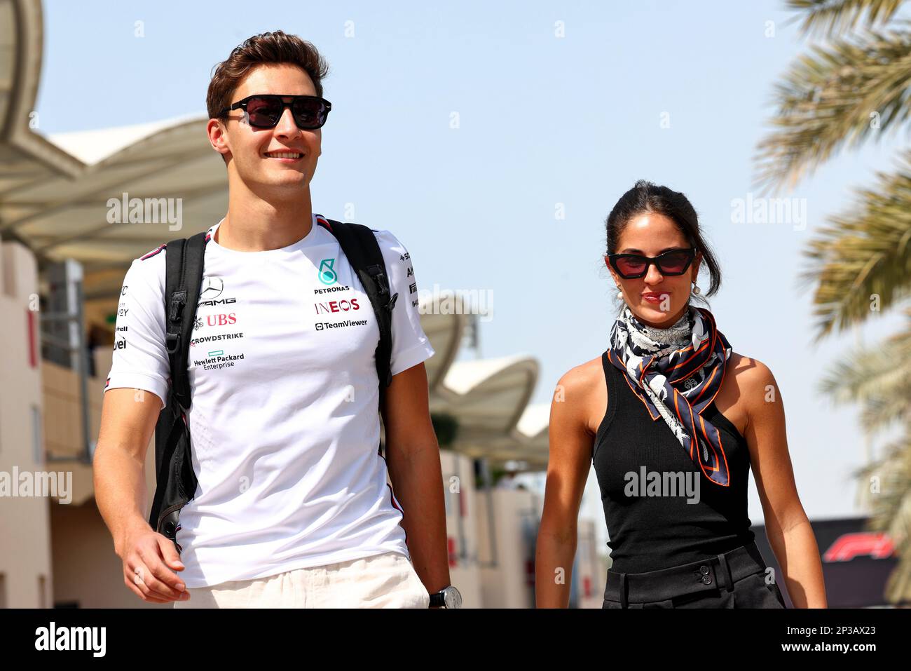 (L to R): George Russell (GBR) Mercedes AMG F1 with his girlfriend ...