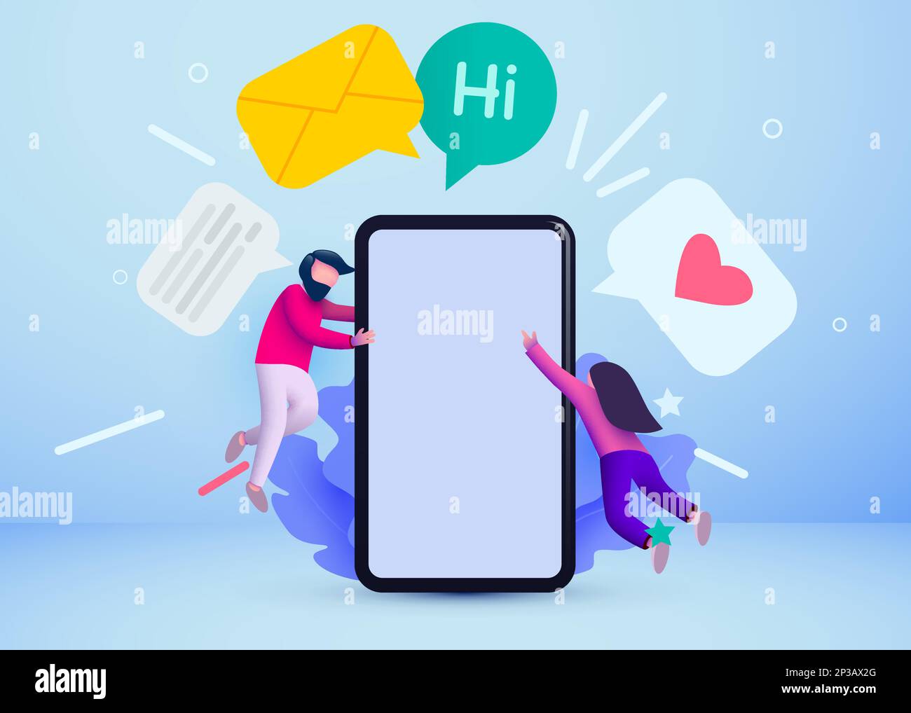 Phone with messages and small people flying around. Communication and ...