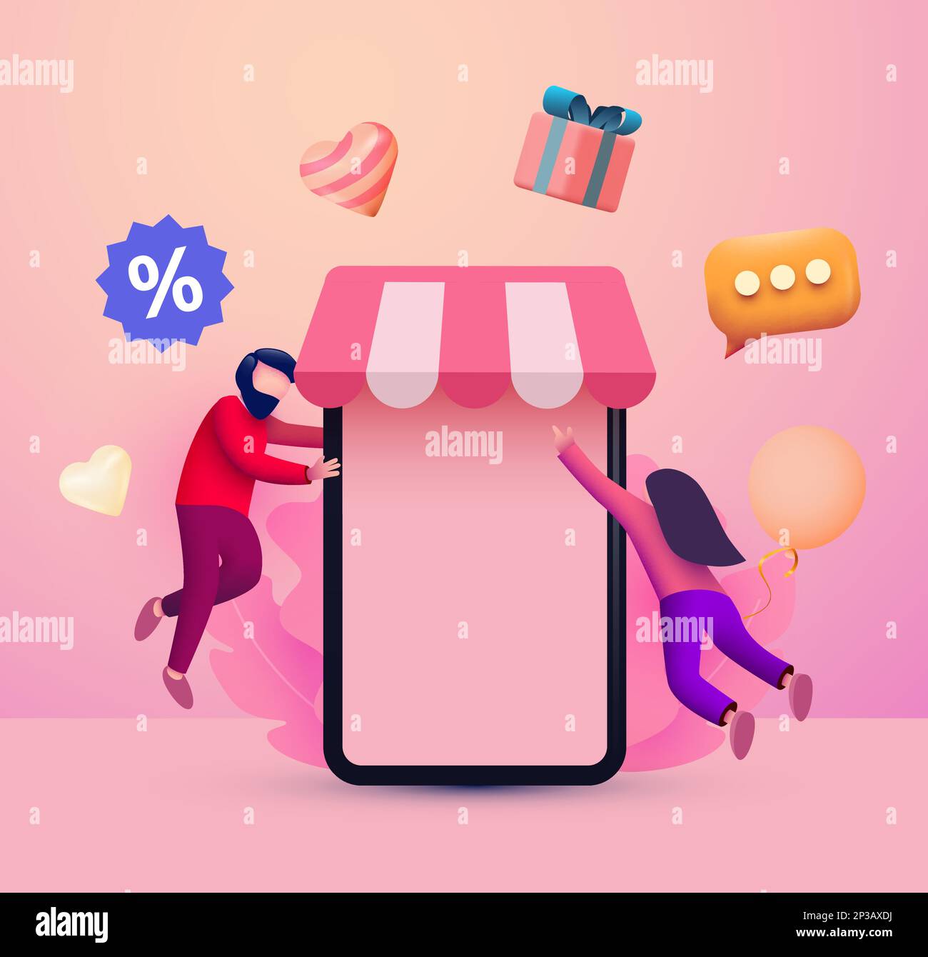 Mobile smart phone with shop app and small people flying around. Online ...