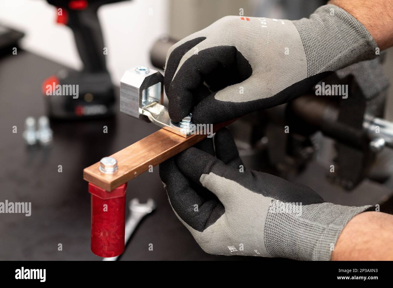 Electrician at work, electric components, electrical voltage ...