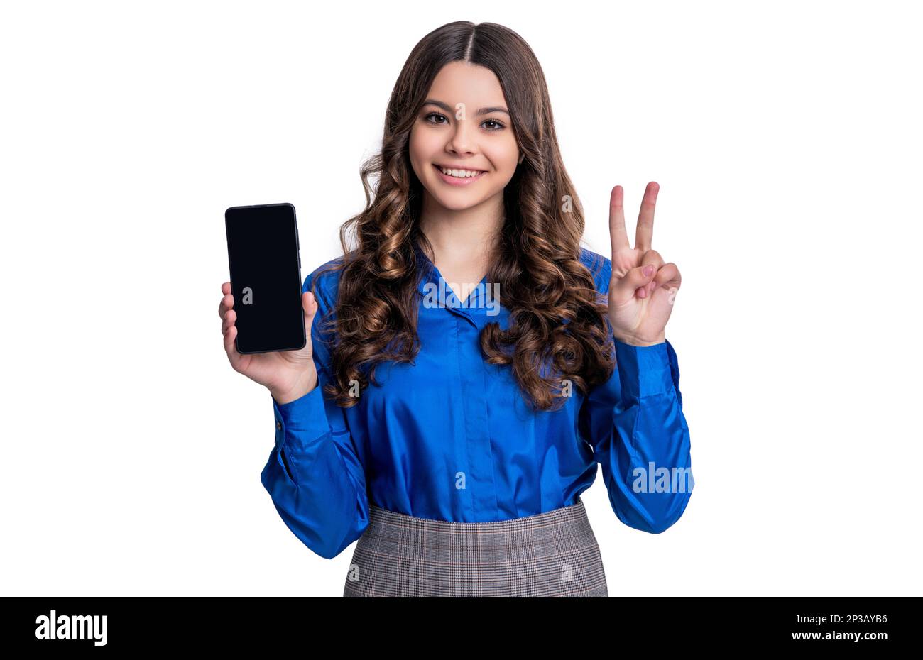 teen girl showing phone app isolated on white, peace. teen girl showing ...