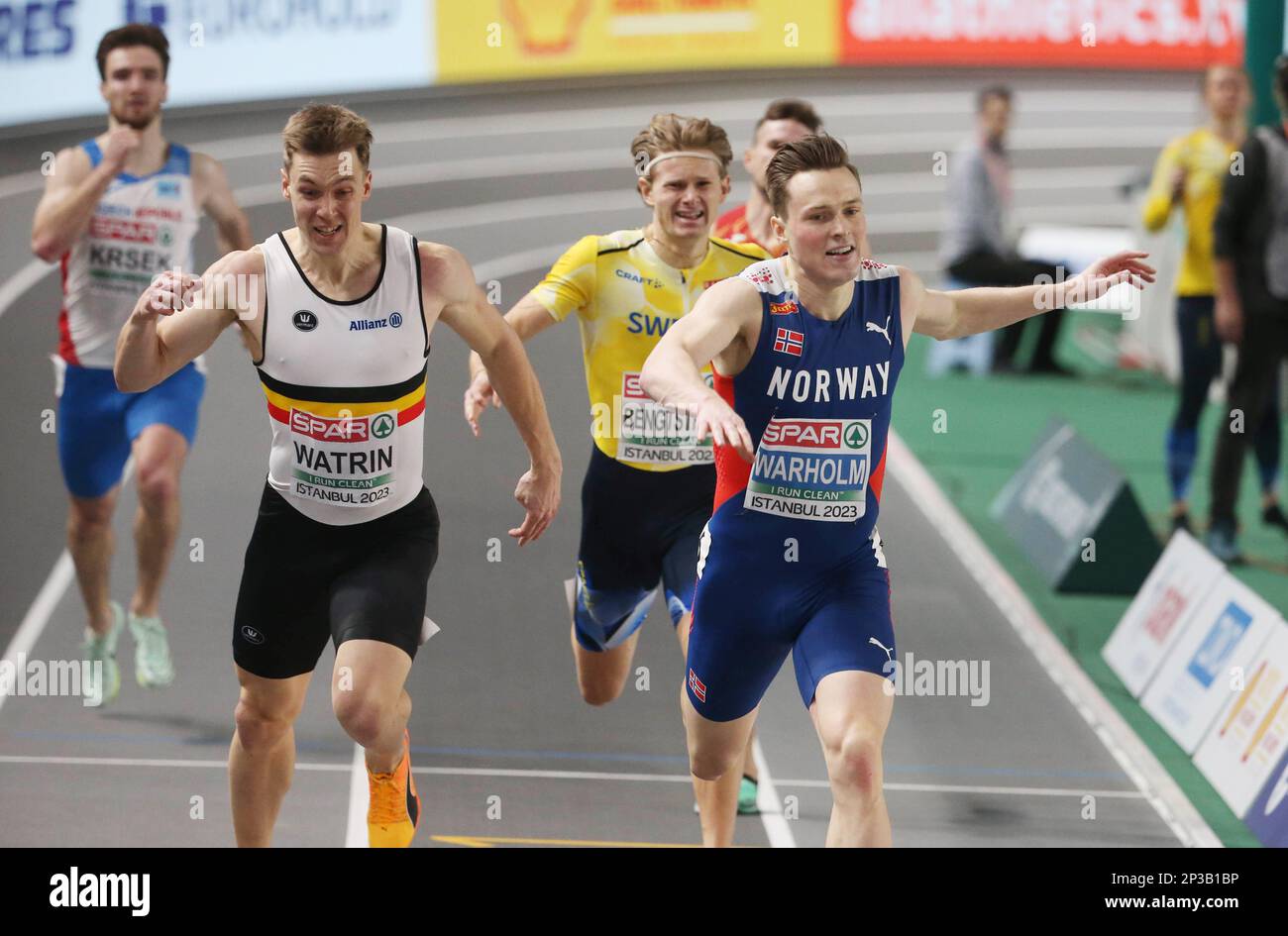 Karsten Warholm of Norway, Julien Watrin of Belgium, 400m Men during ...