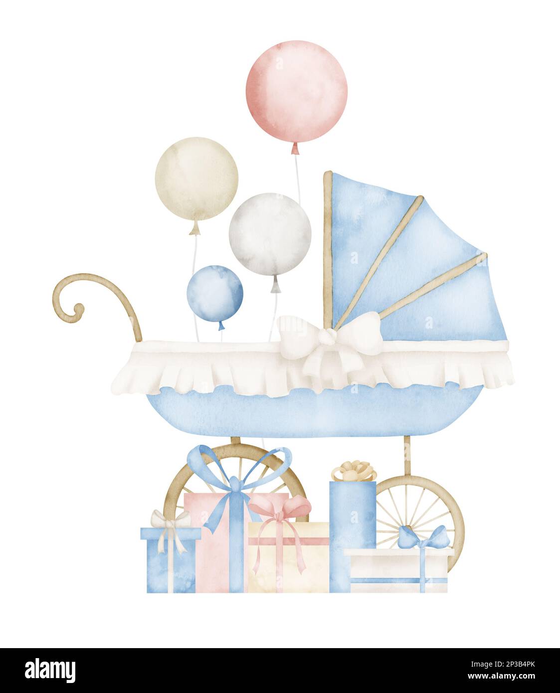 Watercolor childish Pram with air balloons and presents for Baby Shower ...