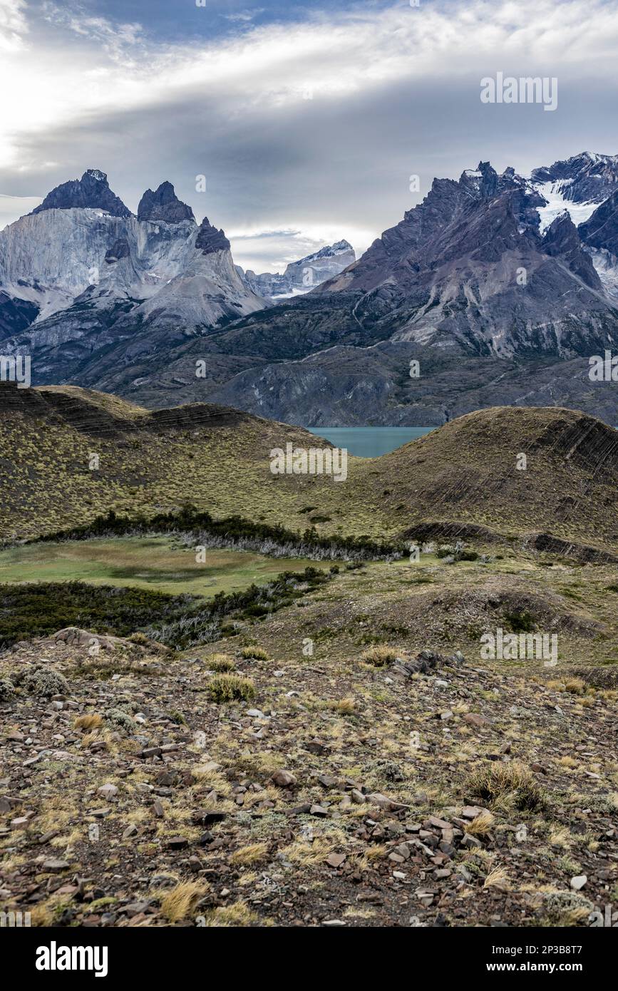 Impressive mountains and a lake with turquoise water at Torres del ...