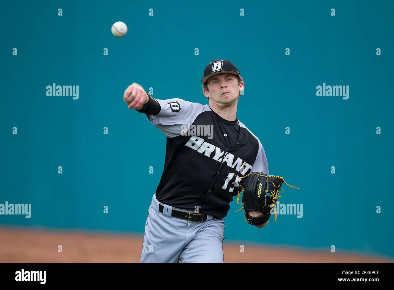 Bryant Bulldogs starting pitcher Kyle Wilcox (15) warms up in the ...