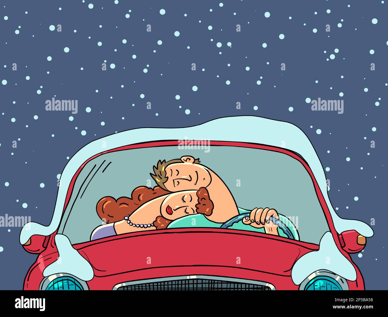 A man and a woman in love are driving together in a car in the winter ...