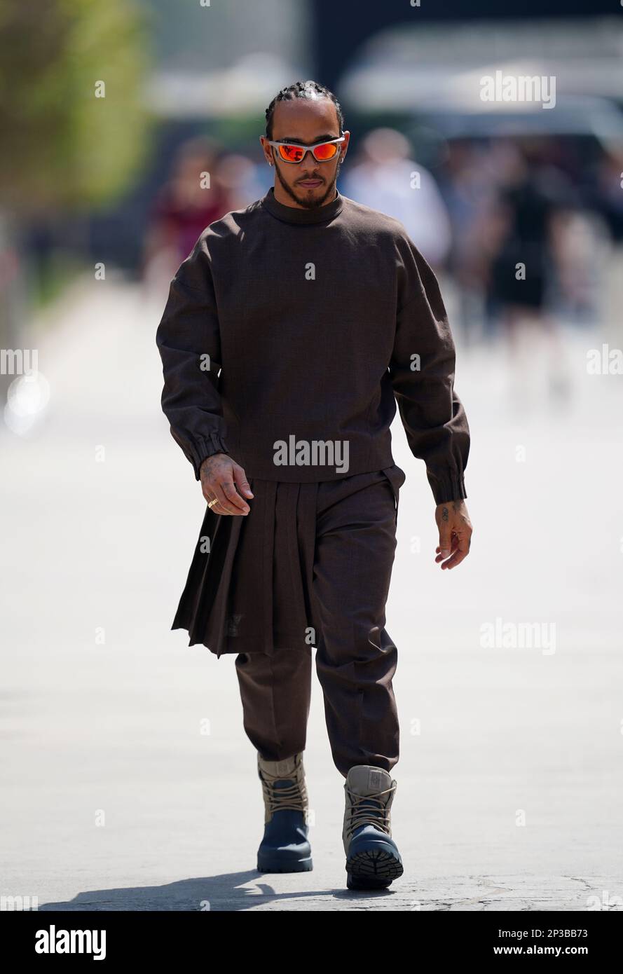 Mercedes' Lewis Hamilton arriving before the Bahrain Grand Prix at the ...
