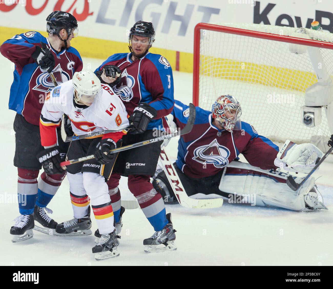 March 14, 2015 Colorado Avalanche goalie Semyon Varlamov (1) glove save ...