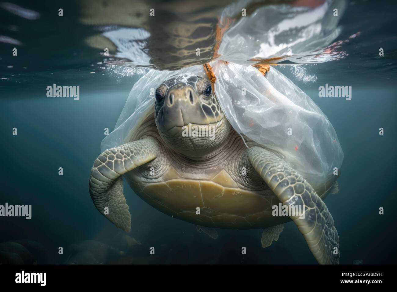 turtle swimming with a plastic bag stuck on it. Metaphor on the danger ...