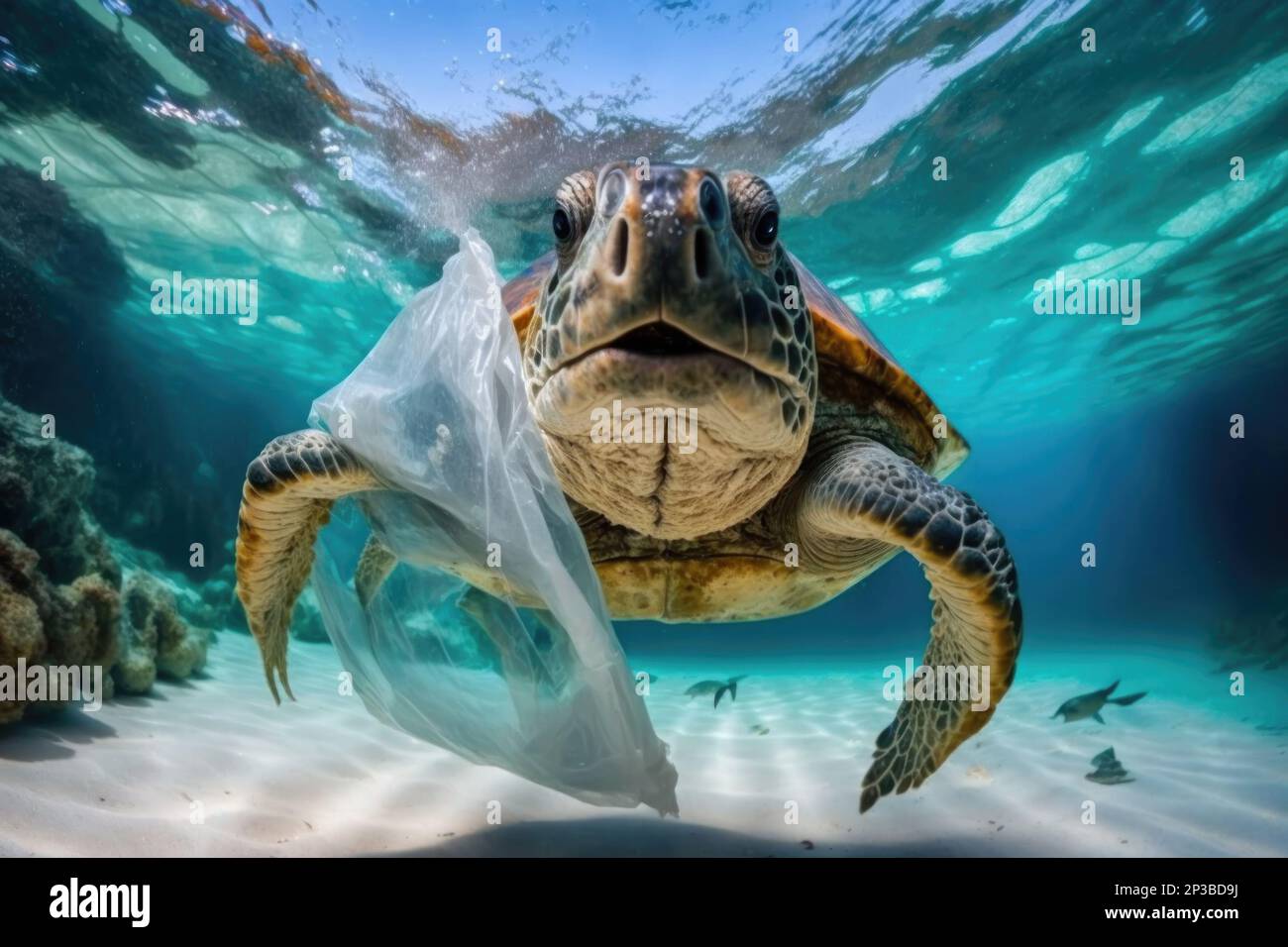 turtle swimming with a plastic bag stuck on it. Metaphor on the danger ...