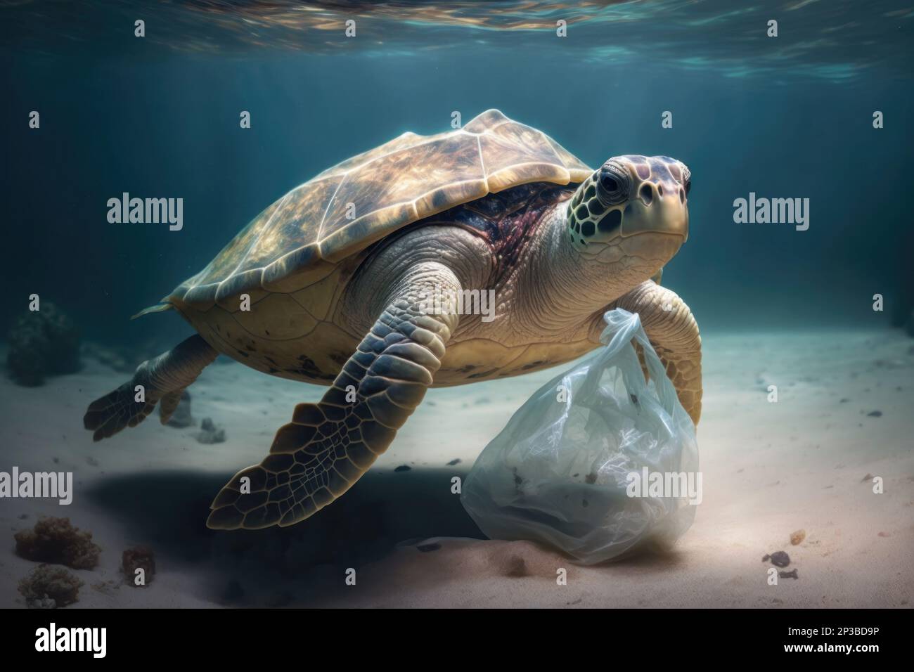turtle swimming with a plastic bag stuck on it. Metaphor on the danger ...