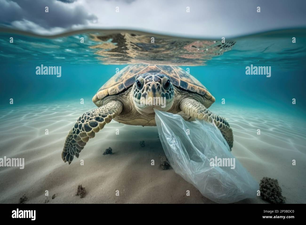 turtle swimming with a plastic bag stuck on it. Metaphor on the danger ...