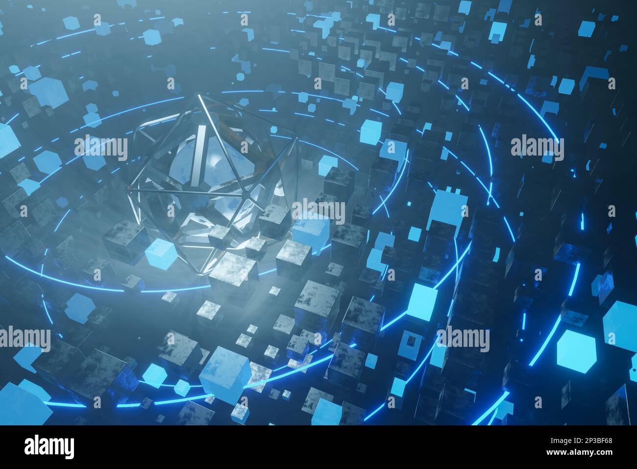 Futuristic data stream 3d illustration. AI or Data transfer technology ...