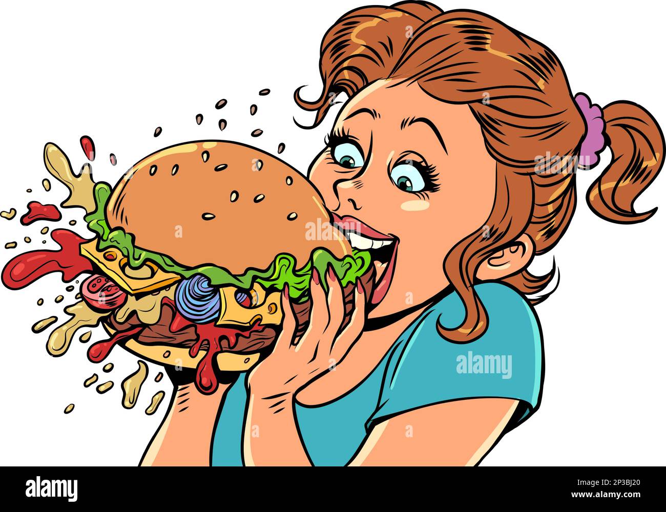Fast food consumption. The pleasure of a fast food burger. The girl ...