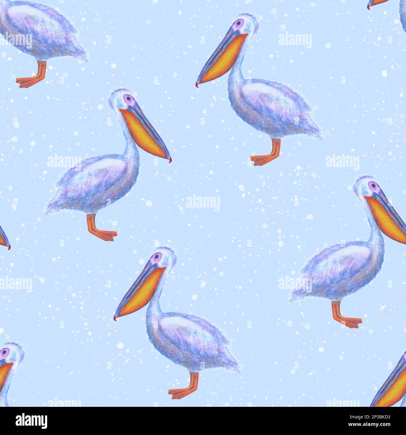 Watercolor white pelicans seamless pattern with splashes. Hand drawn ...