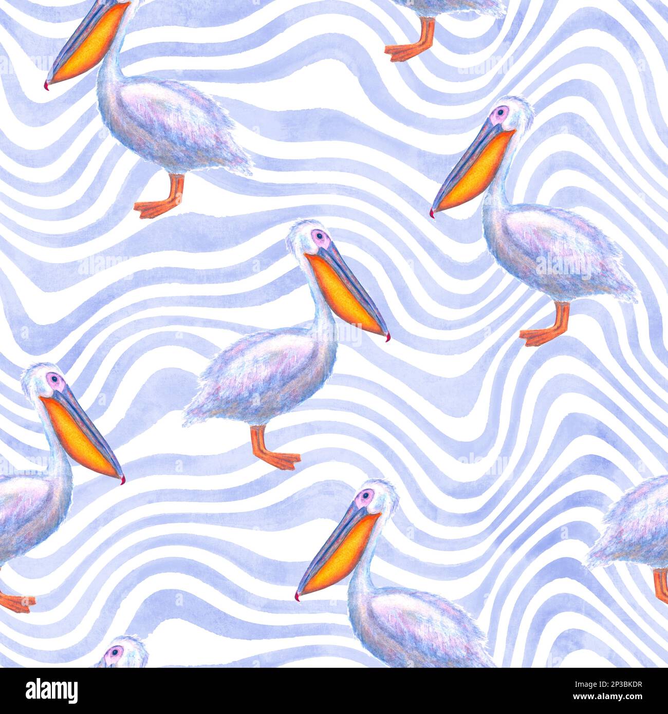 Watercolor white pelican seamless pattern. Hand drawn blue navy ...