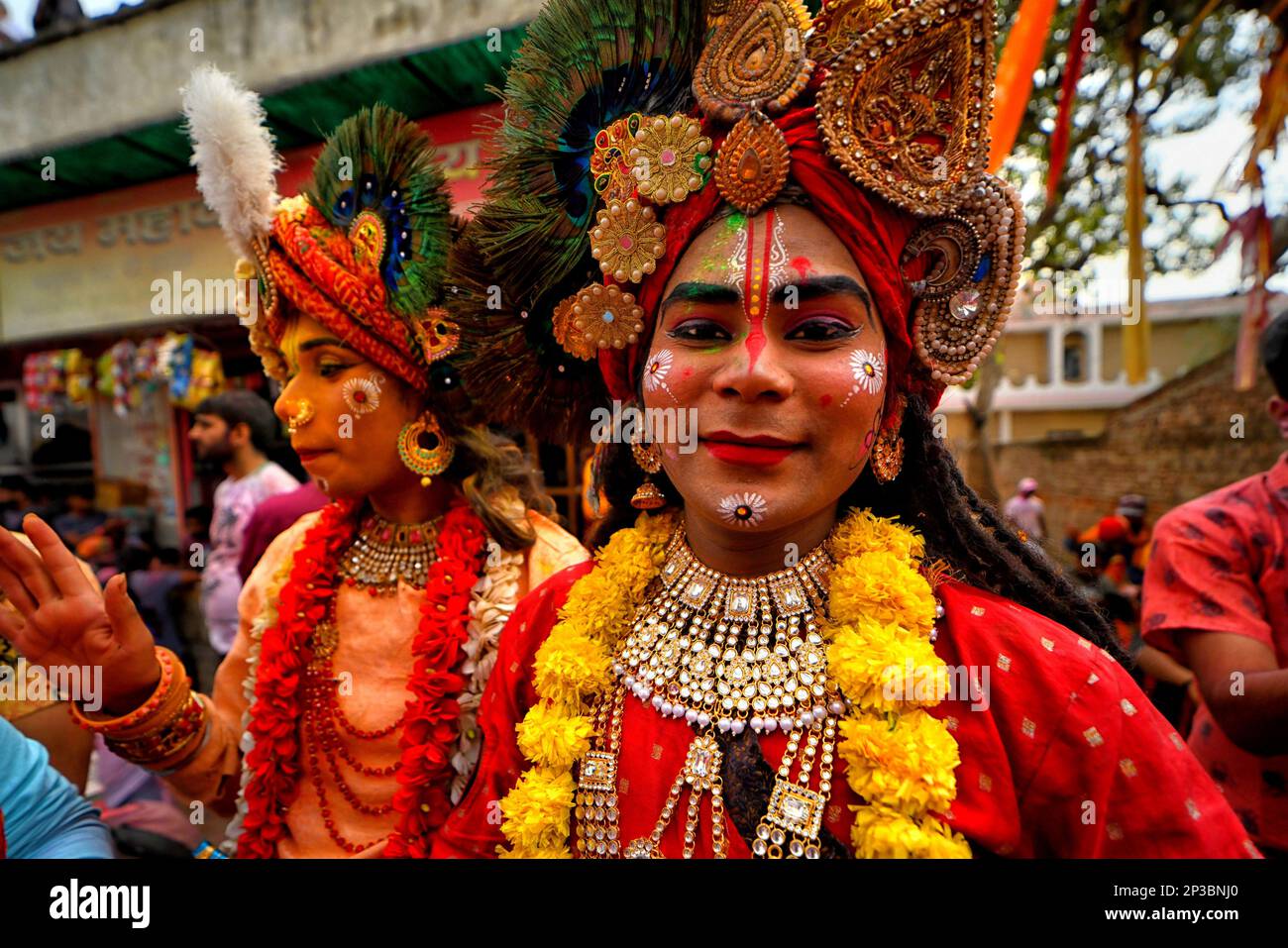 Mathura, India. 04th Mar, 2023. Hindu devotees are seen dressed as Lord ...