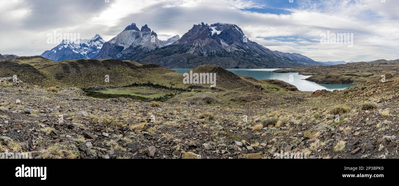 Impressive mountains and a lake with turquoise water at Torres del ...
