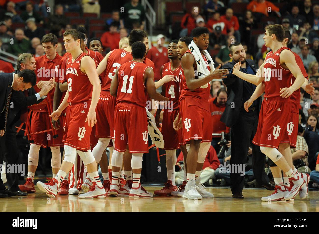 March 13, 2015: Indiana Hoosiers huddle during a timeout in the first ...