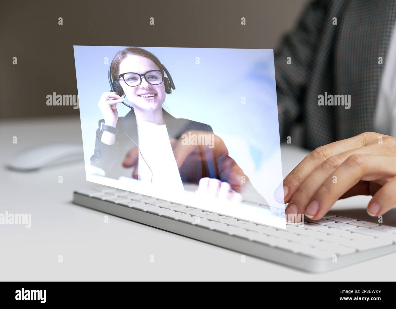 Businesswoman has video call using computer with virtual screen Stock ...