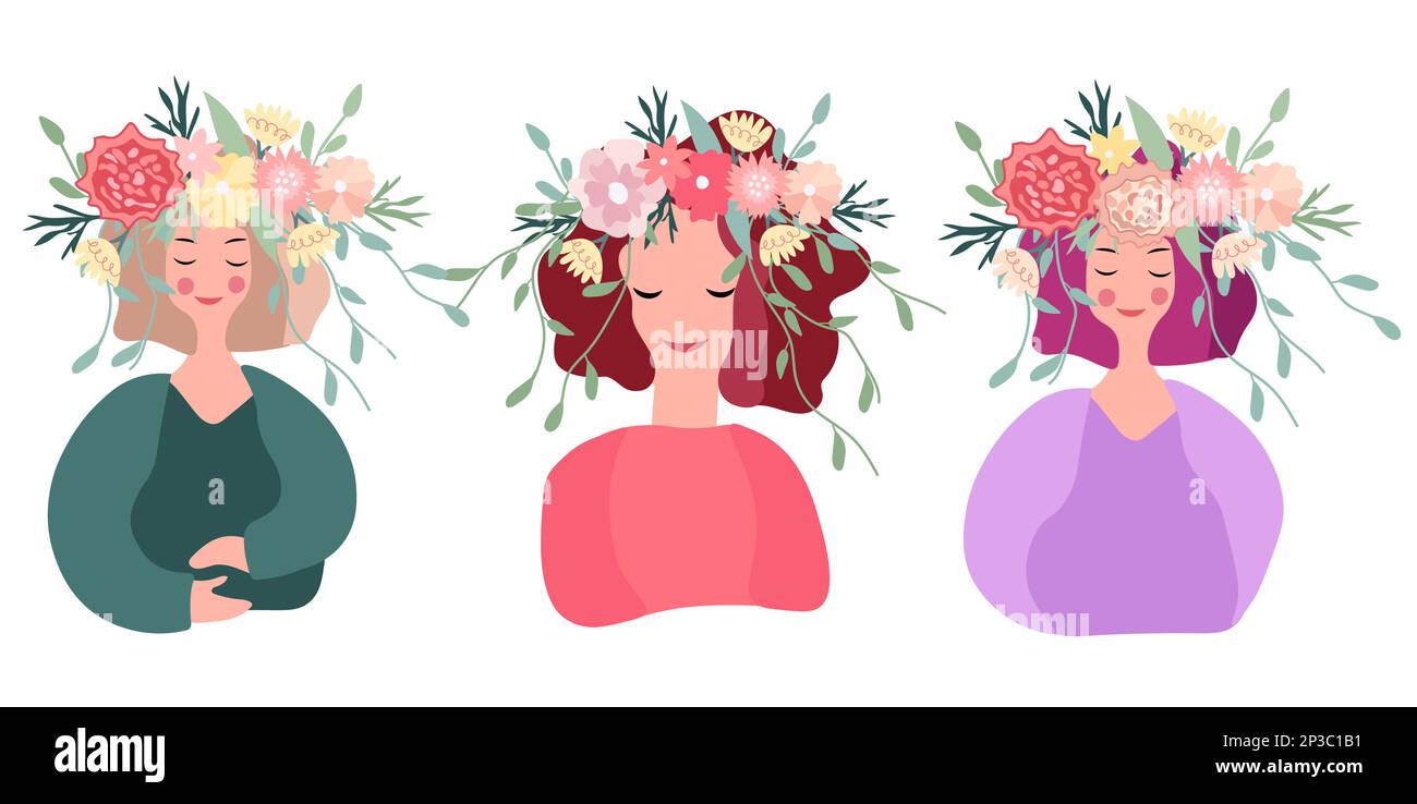 Bright women in a wreath of colored flowers, green leaves isolated on a ...