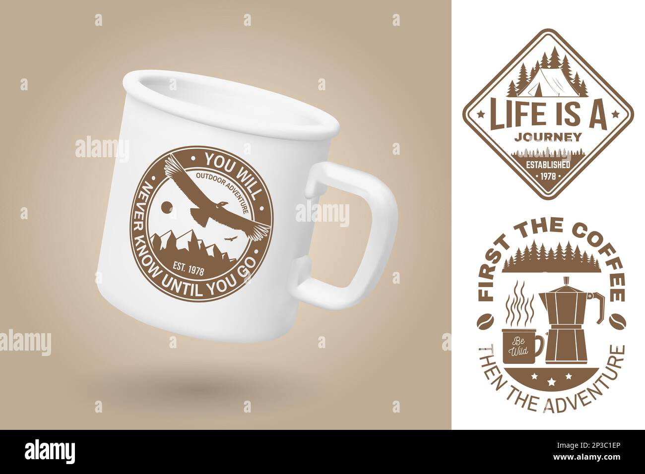 White camping cup. Realistic mug mockup template with sample design ...