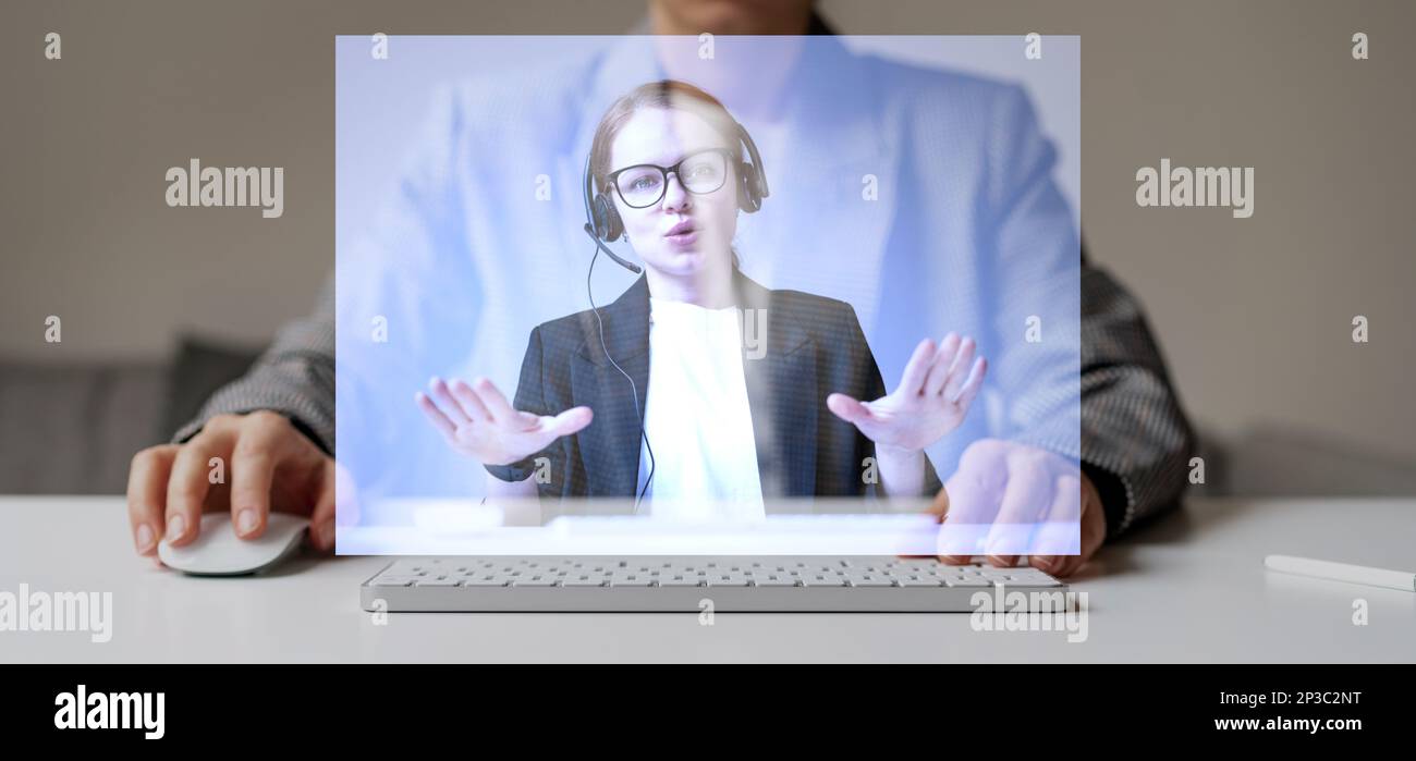 Businesswoman has video call using computer with screen hologram Stock ...
