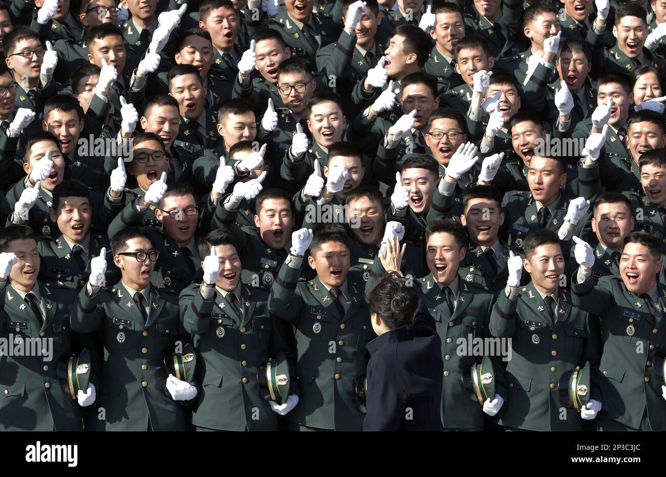 South Korean President Park Geun-hye, bottom right, waves at cheering ...