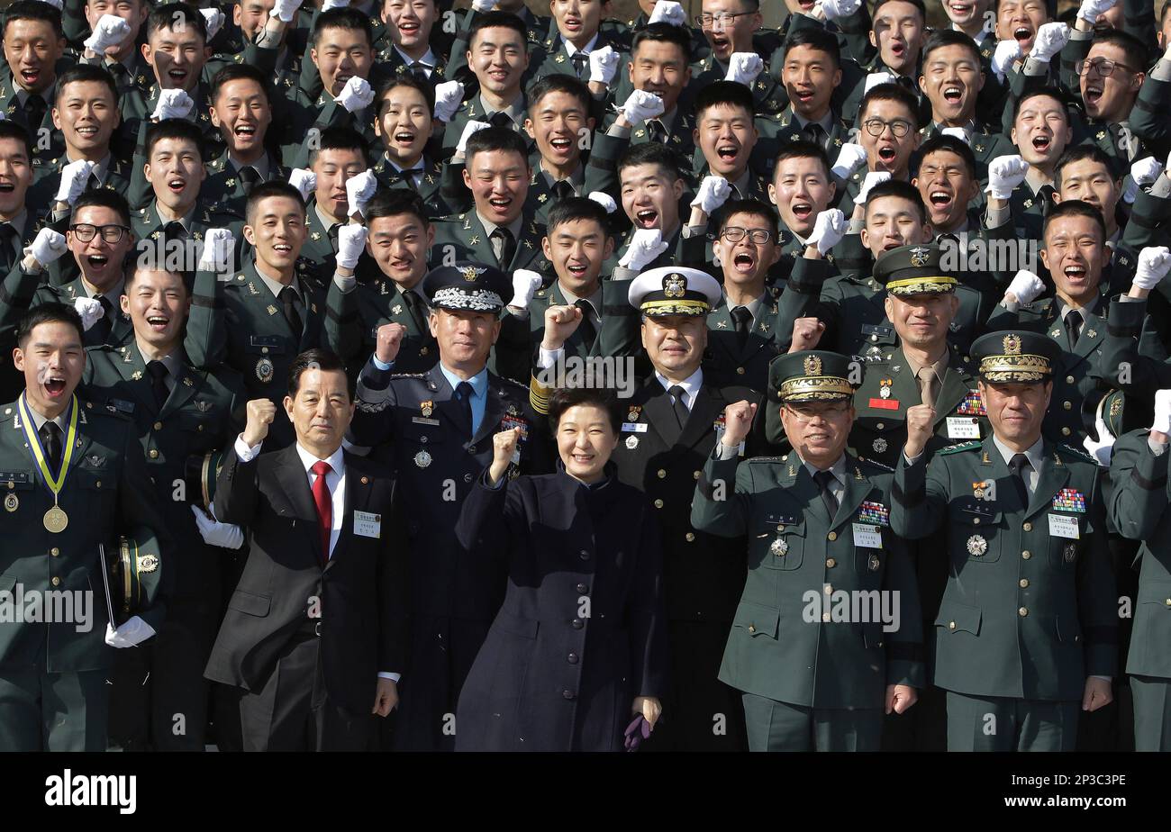 South Korean President Park Geun-hye, bottom center, cheers with new ...