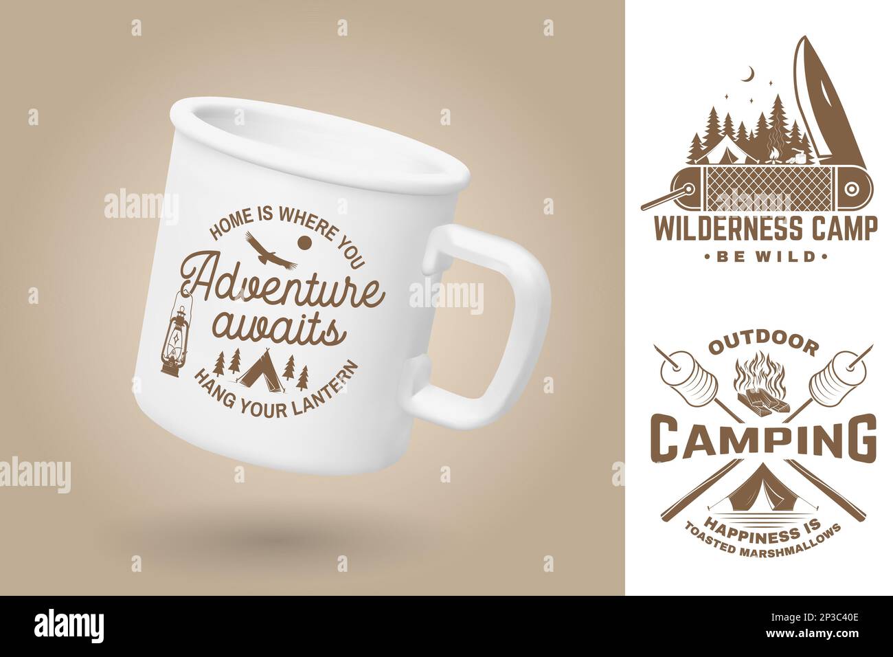 White camping cup. Realistic mug mockup template with sample design ...