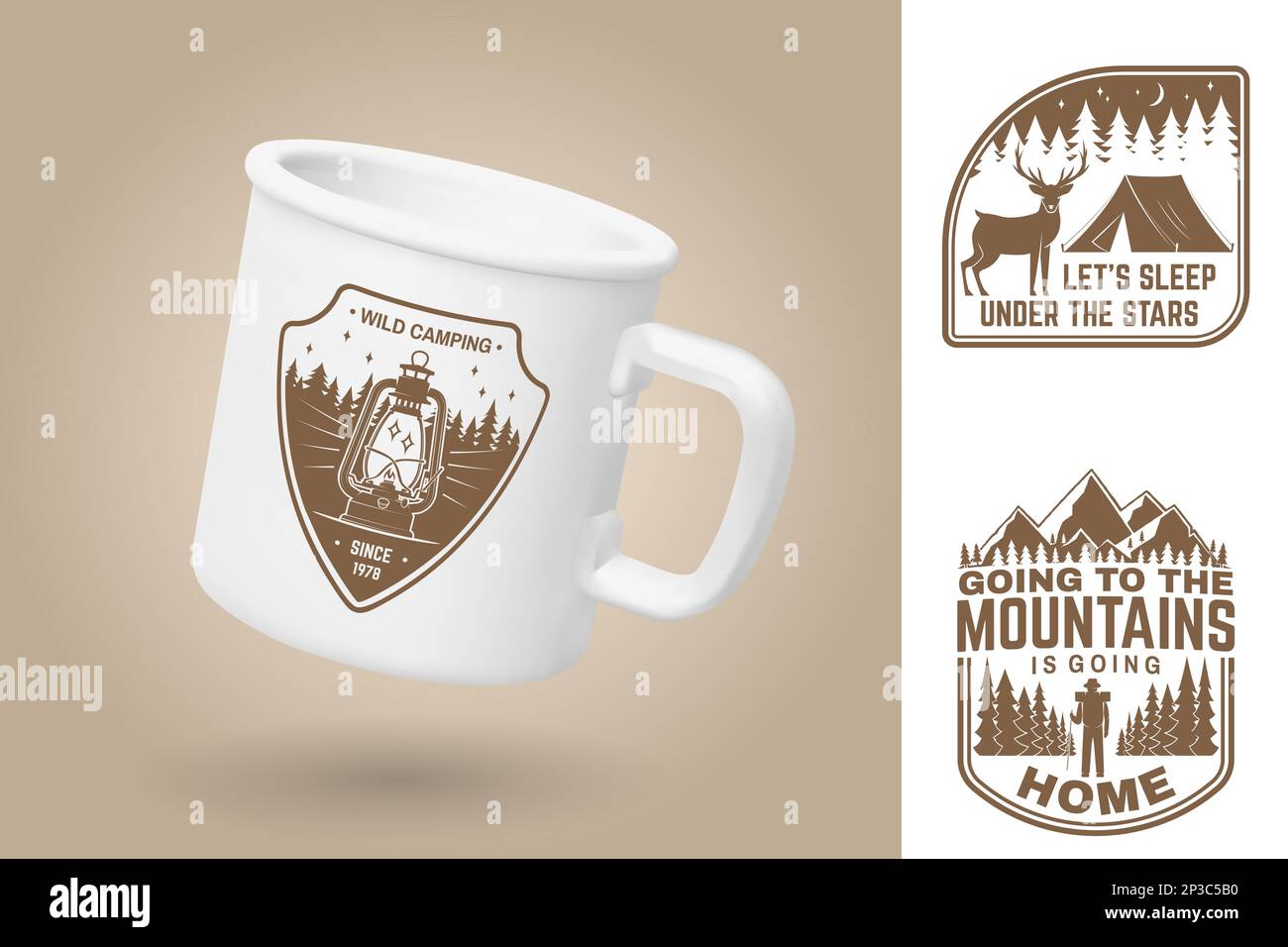 White camping cup. Realistic mug mockup template with sample design ...