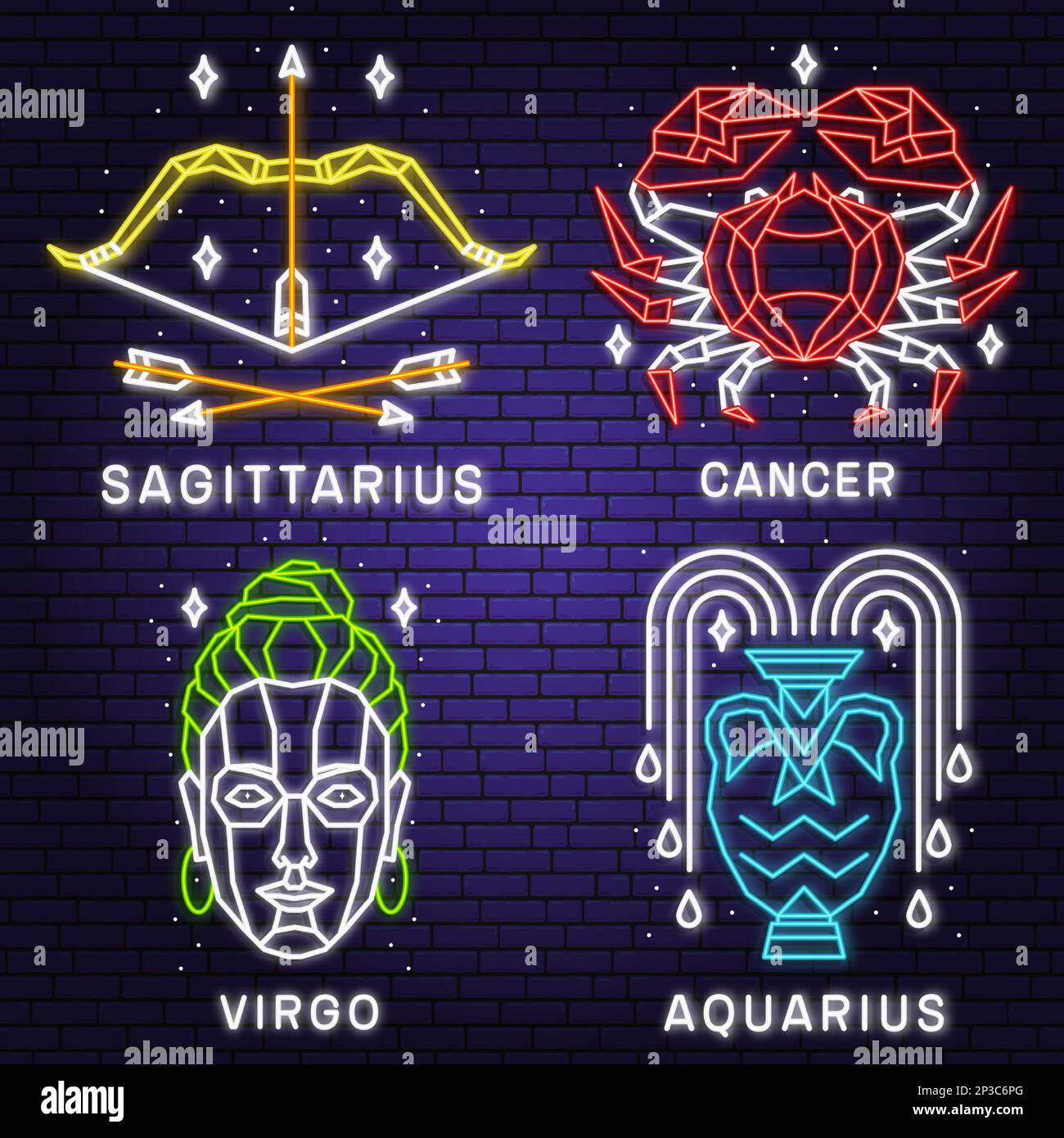 Set of zodiac astrology horoscope neon sign sagittarius, virgo, cancer, aquarius linear design ...