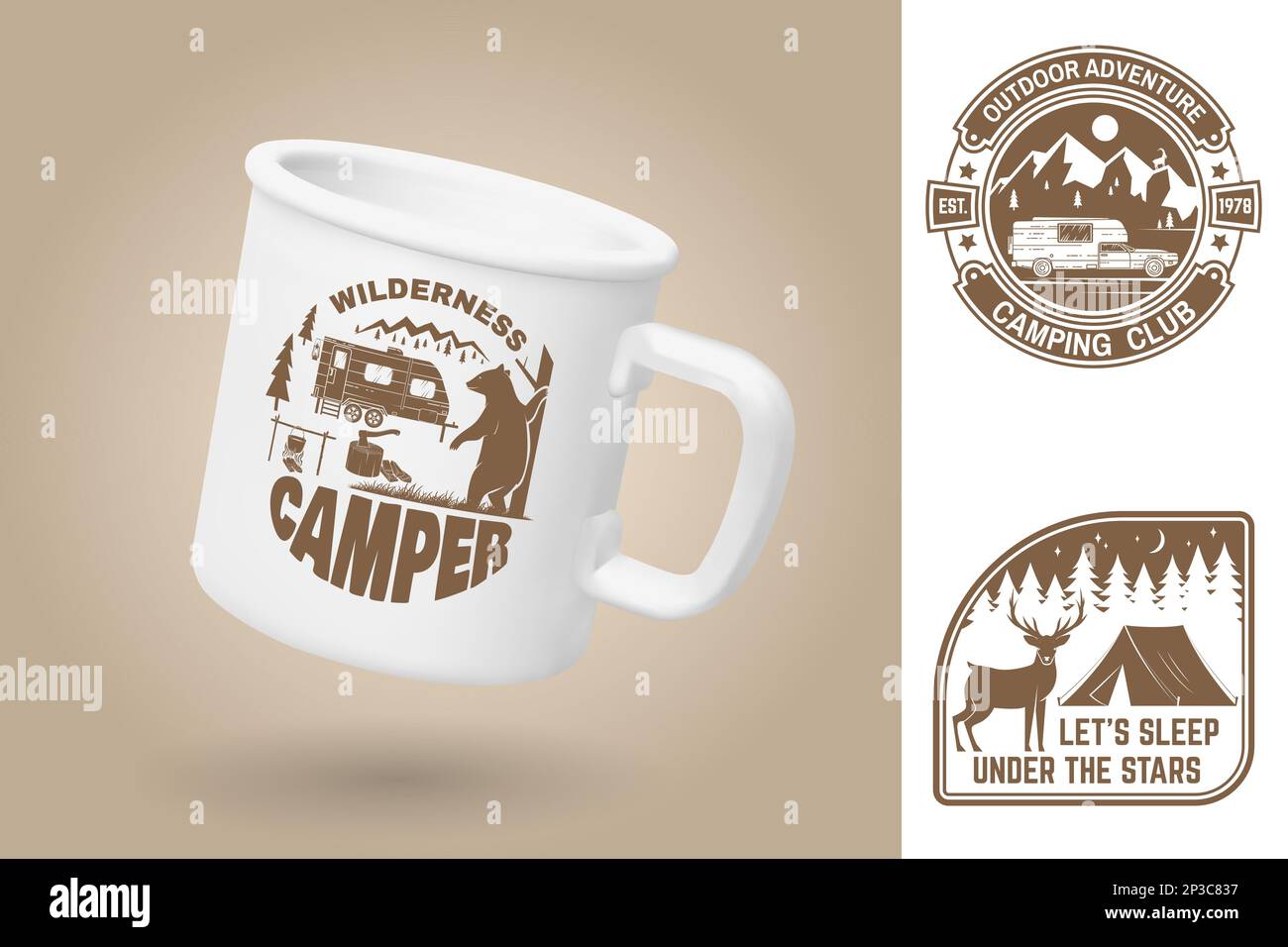 White camping cup. Realistic mug mockup template with sample design ...