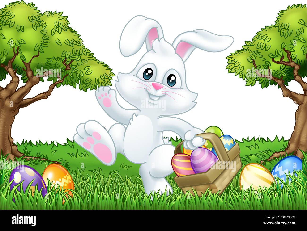Easter Bunny Rabbit Eggs Basket Background Cartoon Stock Vector Image ...