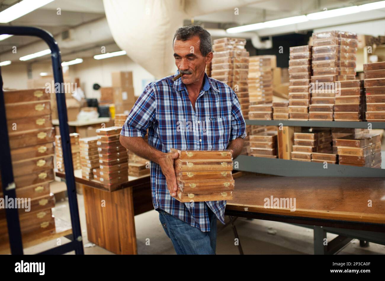 UNITED STATES - AUGUST 21: Osmani Calero stacks boxes of cigars at ...