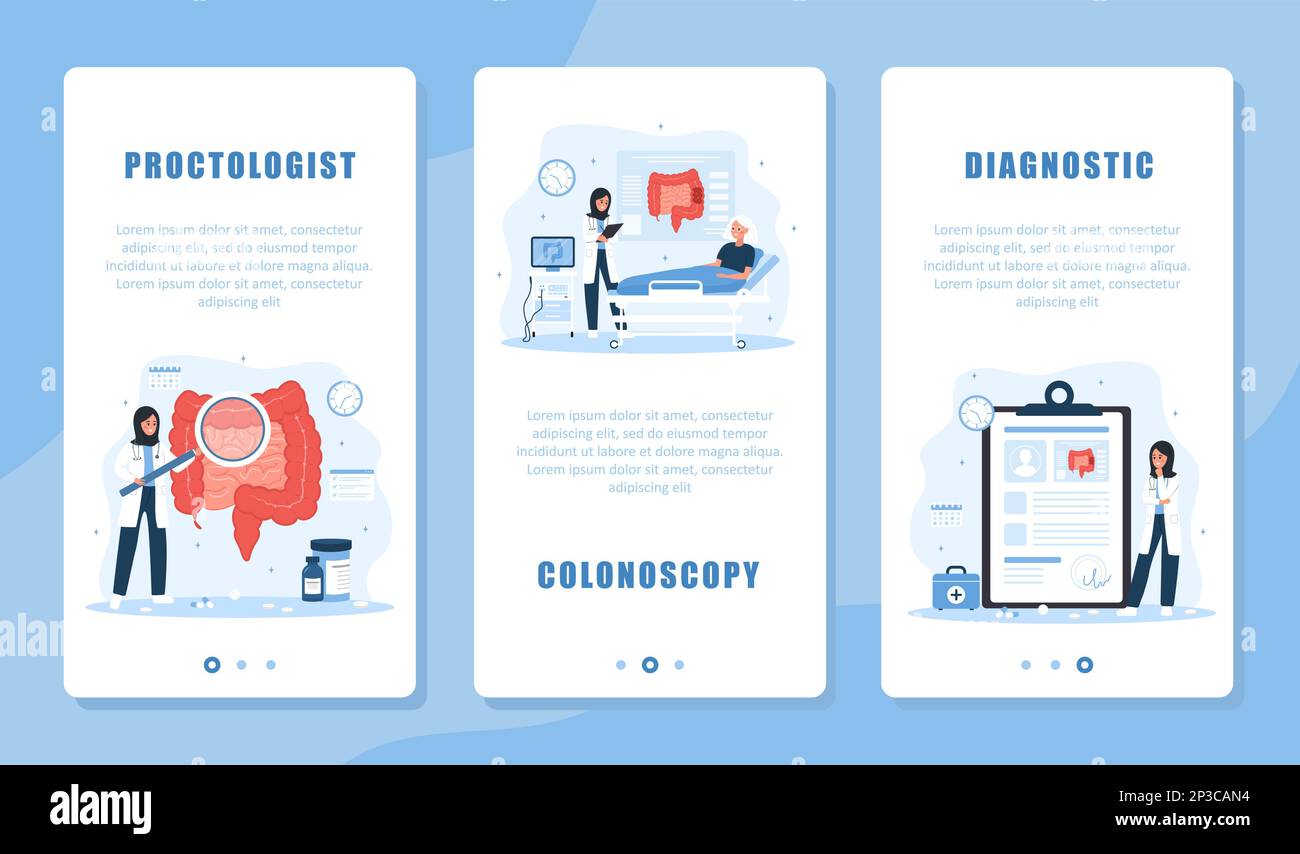 Proctology banner set. Intestine exam and treatment. Arabian female ...