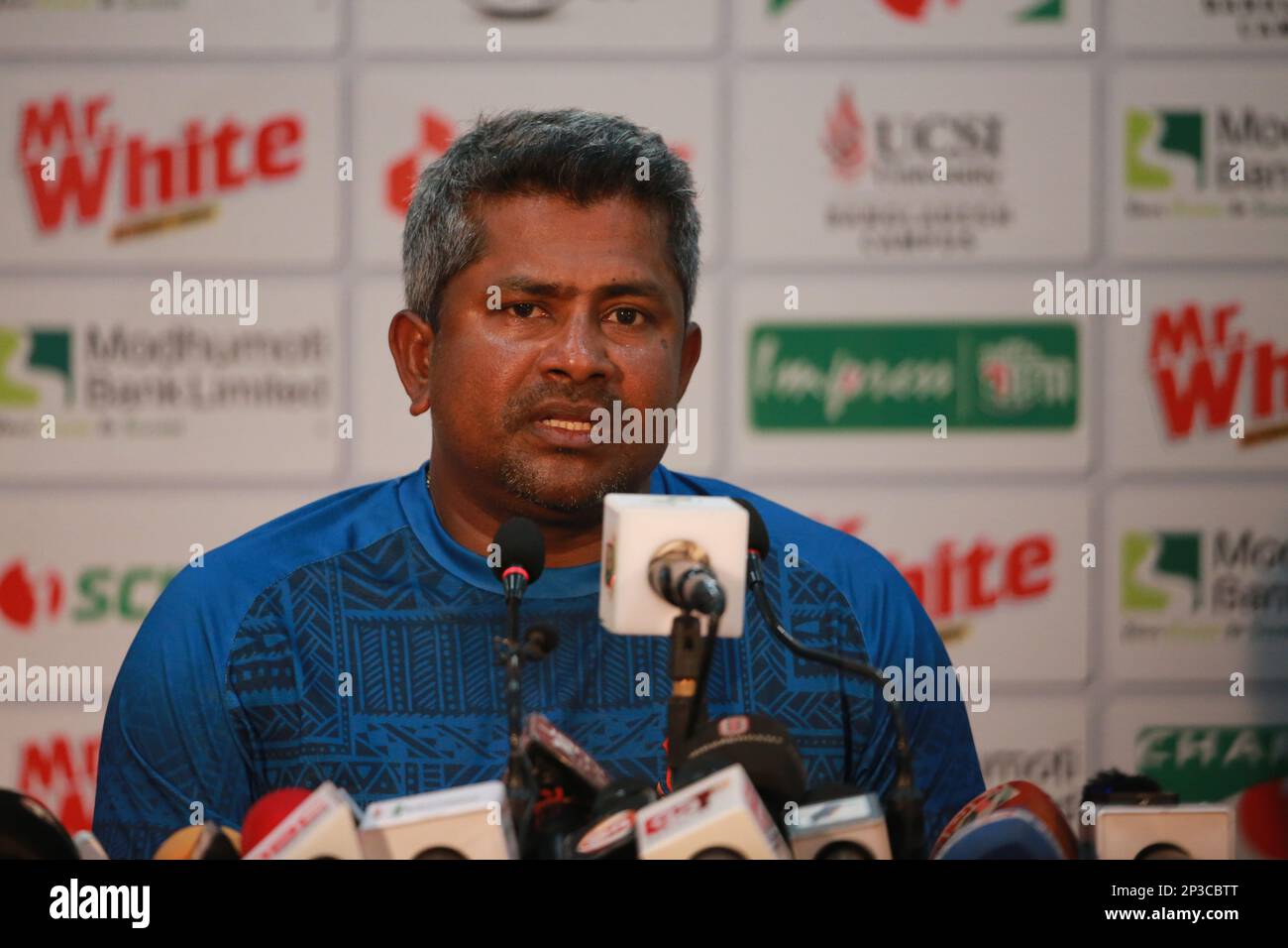 Bangladeshi spin bowling coach Rangana Herath attends a pre-match press ...