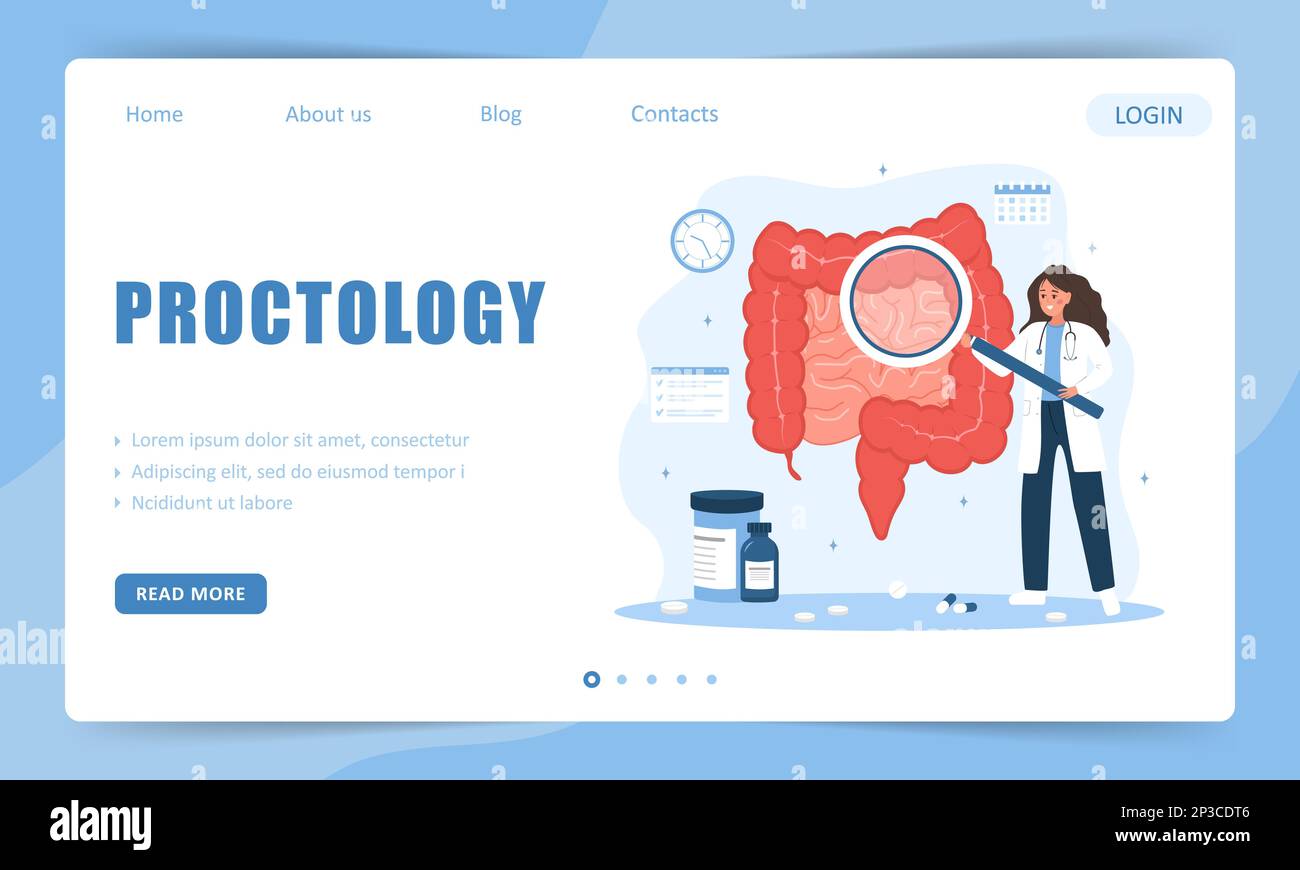 Proctology concept. Landing page template. Female doctor with magnifier ...