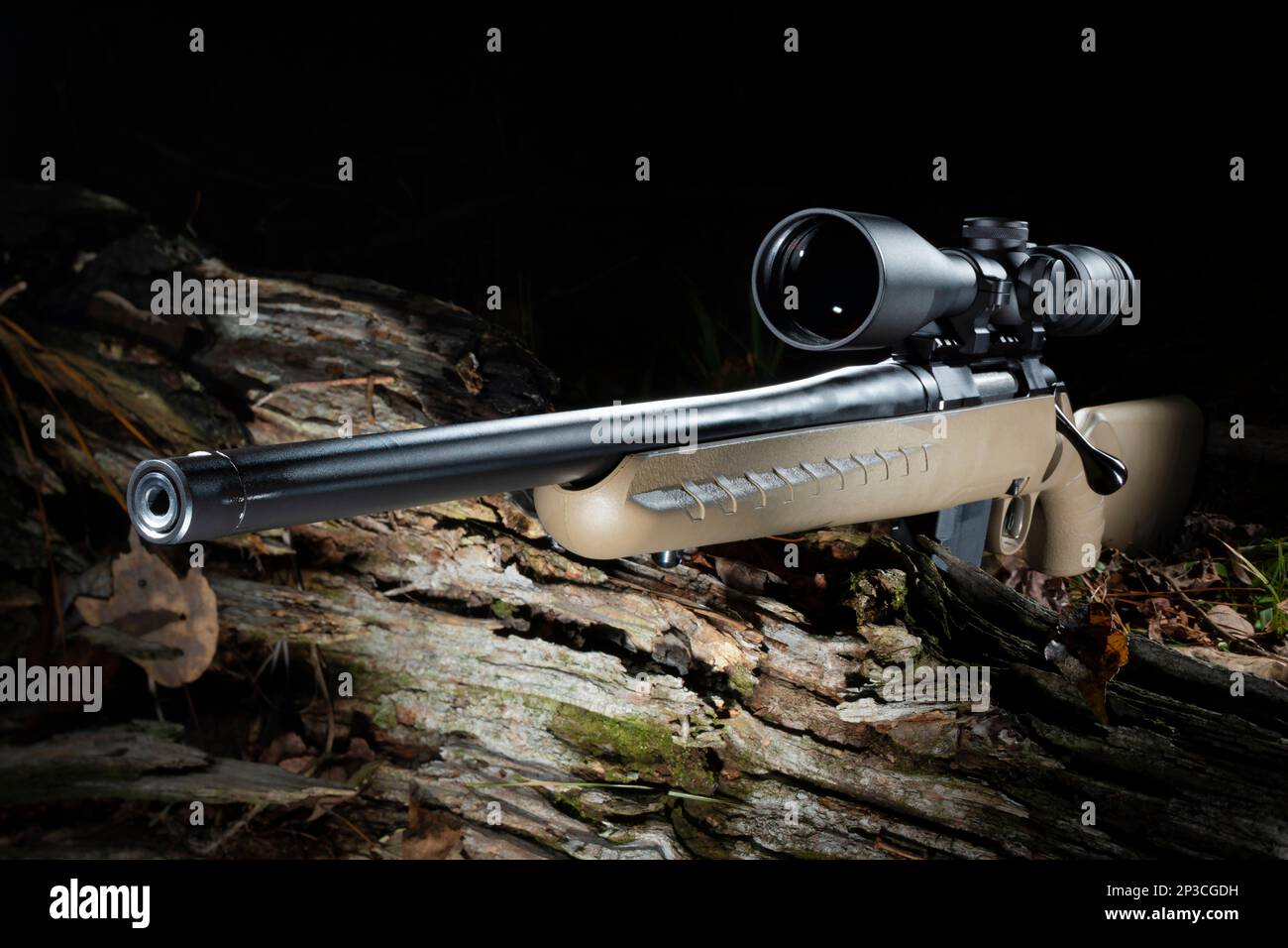 Bolt action rifle with a scope on a log in a dark forest Stock Photo ...
