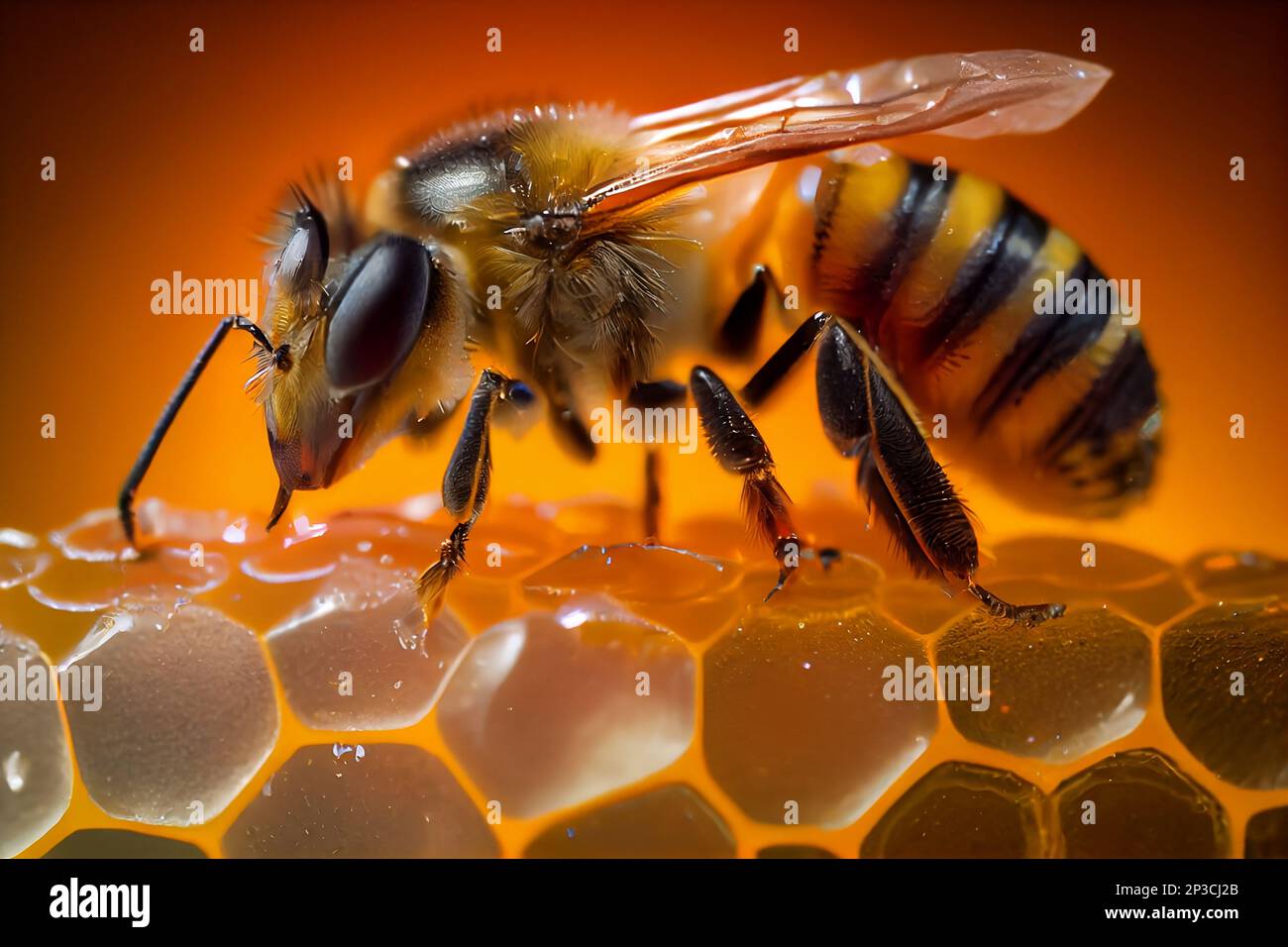Macro photo of a bee hive on a honeycomb. Bees produce fresh, honey ...
