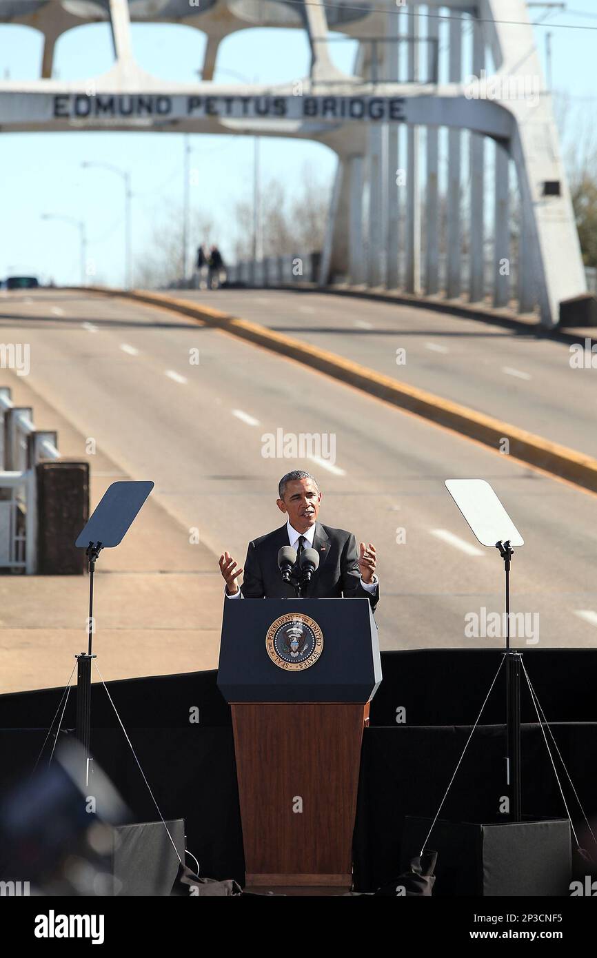 President Barack Obama speaks near the Edmund Pettus Bridge in Selma ...