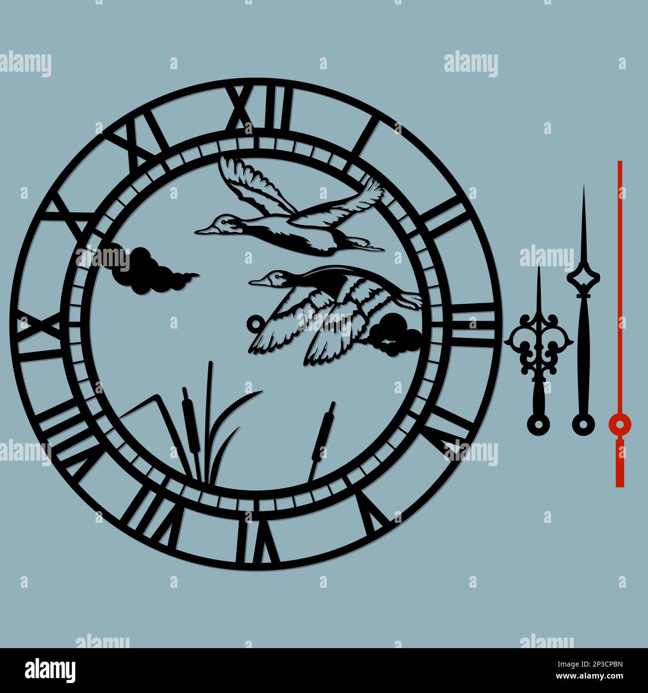 Beautiful clock with birds carved by laser. Stork in flight. Vector ...
